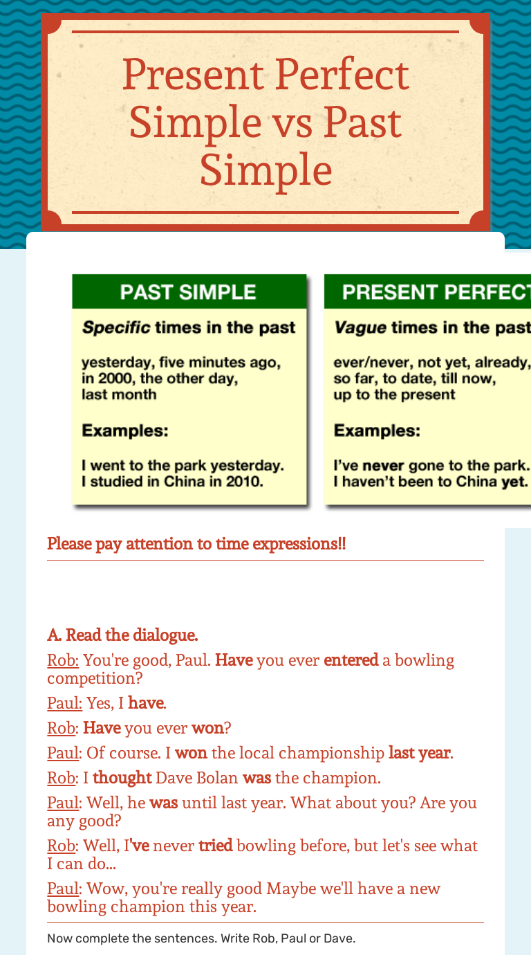 Simple Past Vs Present Perfect Interactive Worksheet PRESENT PERFECT