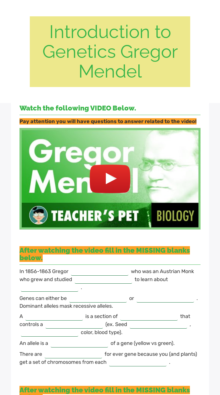 Gregor Mendel Worksheets