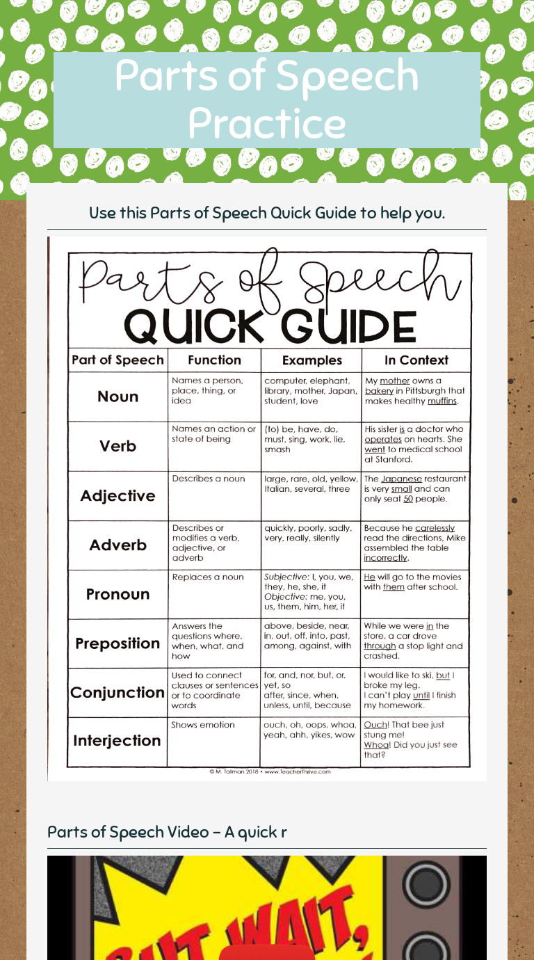 Parts of Speech Practice | Interactive Worksheet by Judy Britton | Wizer.me