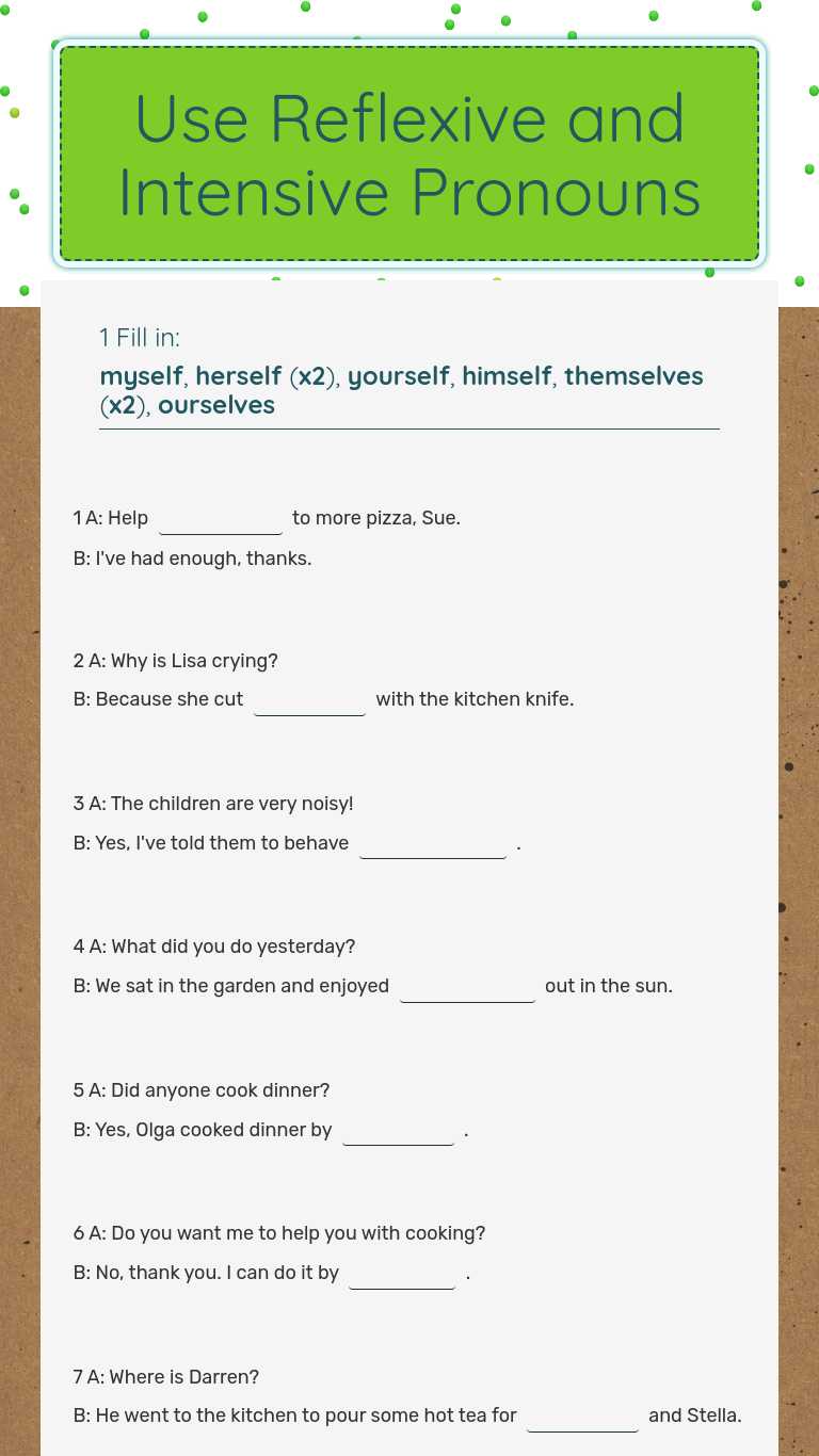 Use Reflexive and Intensive Pronouns worksheet