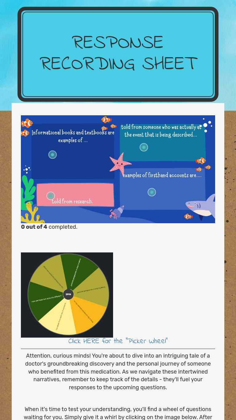 Response Recording Sheet worksheet