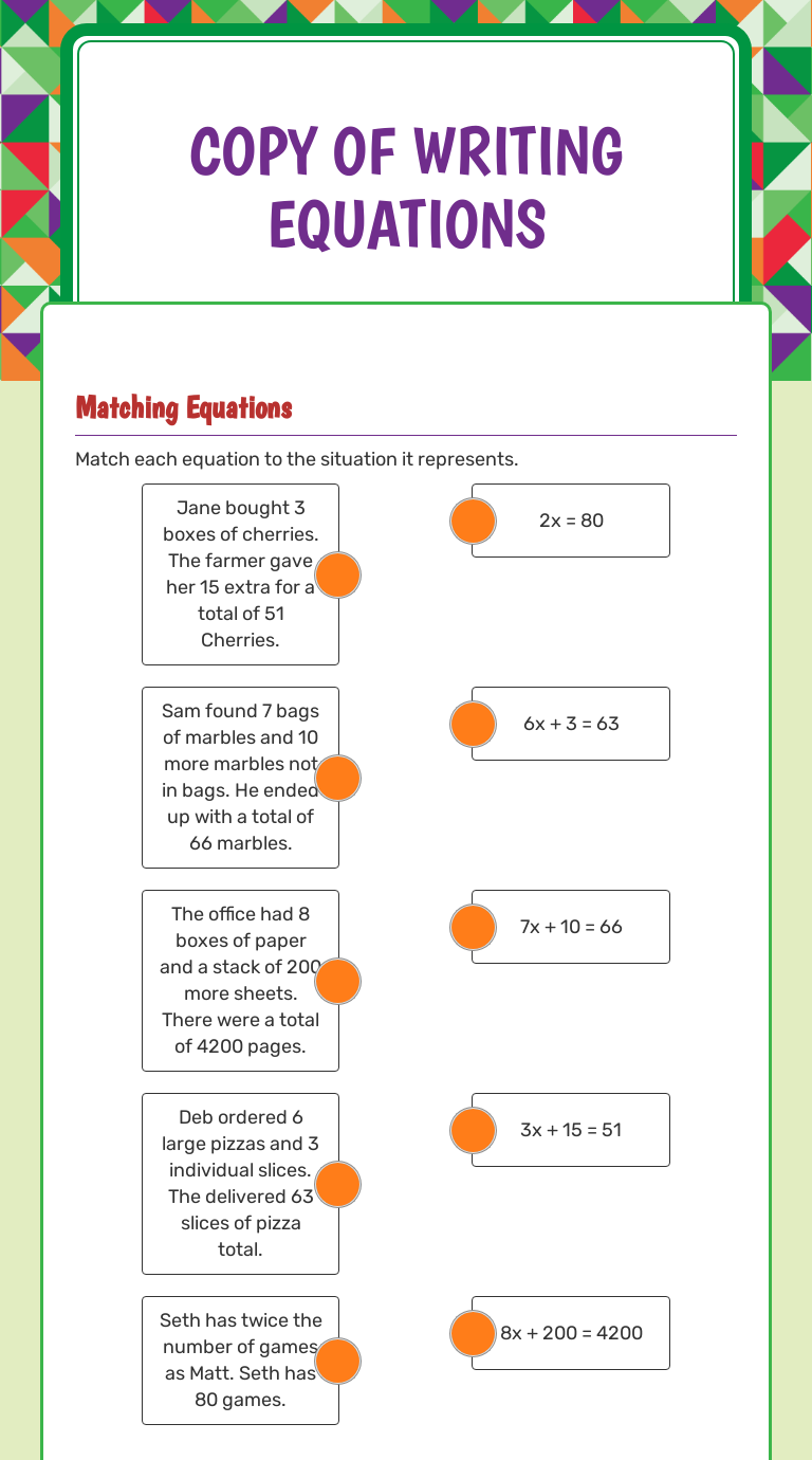 Copy of Writing Equations | Interactive Worksheet by Lori Melton | Wizer.me