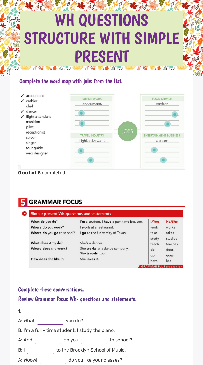 WH QUESTIONS STRUCTURE WITH SIMPLE PRESENT | Interactive Worksheet by ...