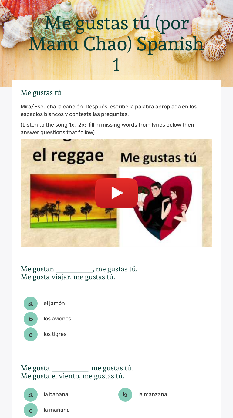 Me gustas tú (por Manu Chao) Spanish 1 | Interactive Worksheet by ...