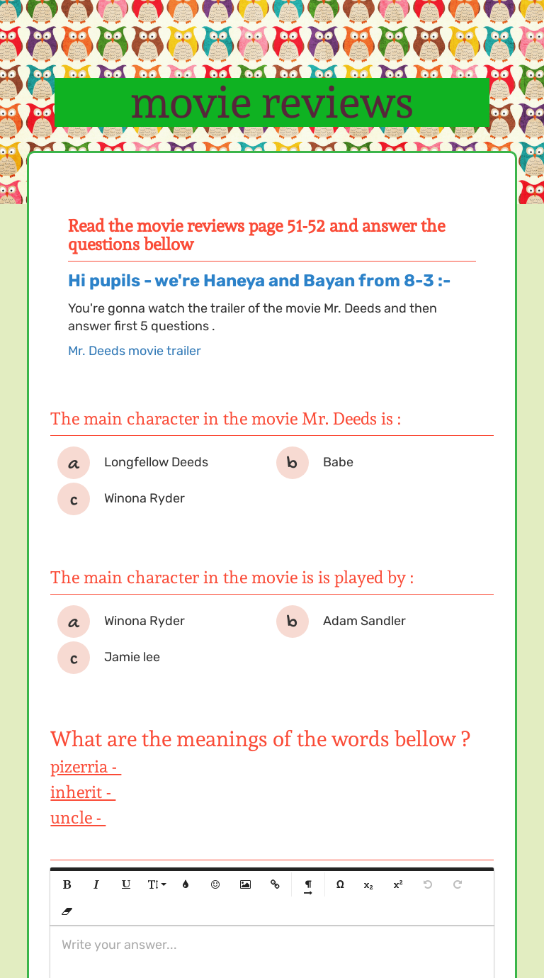 movie reviews | Interactive Worksheet by haneya semry | Wizer.me