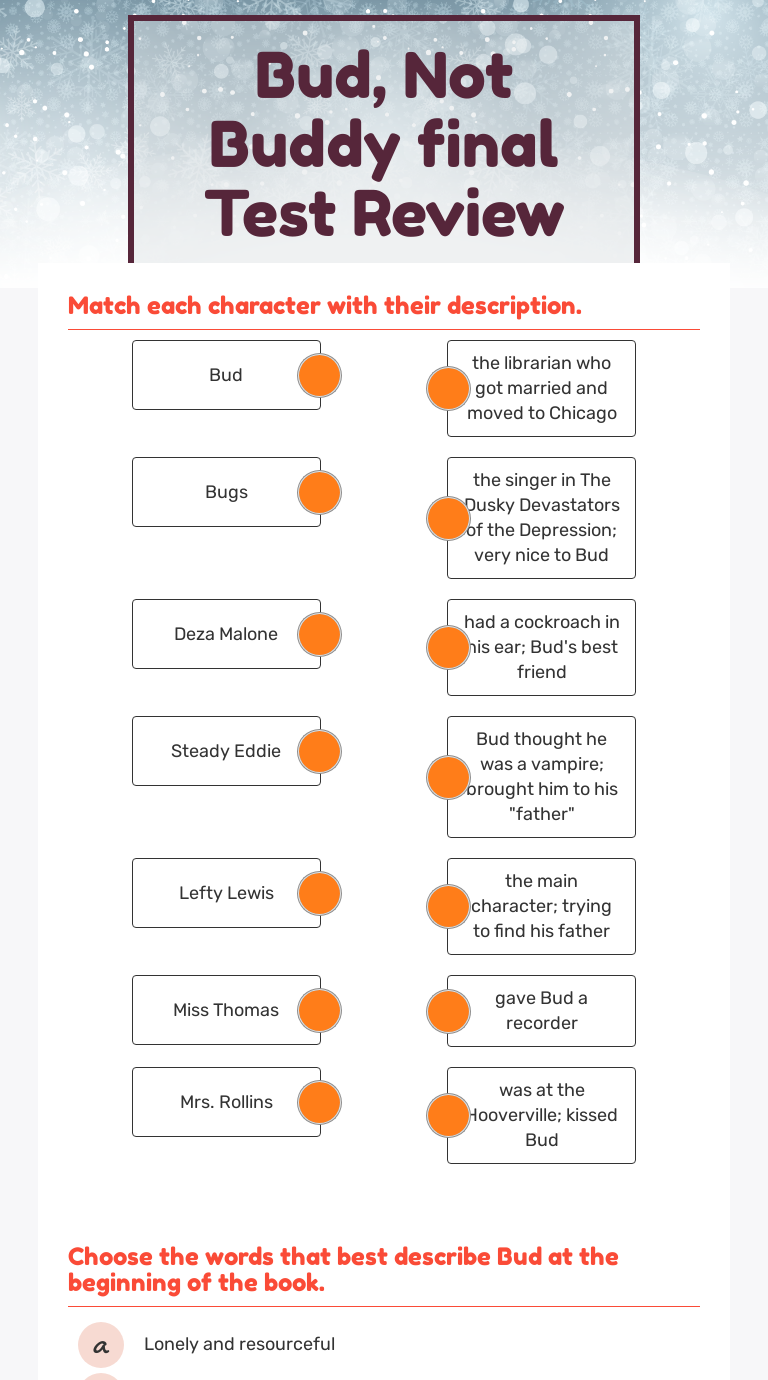 Bud, Not Buddy final Test Review | Interactive Worksheet by Lisa ...
