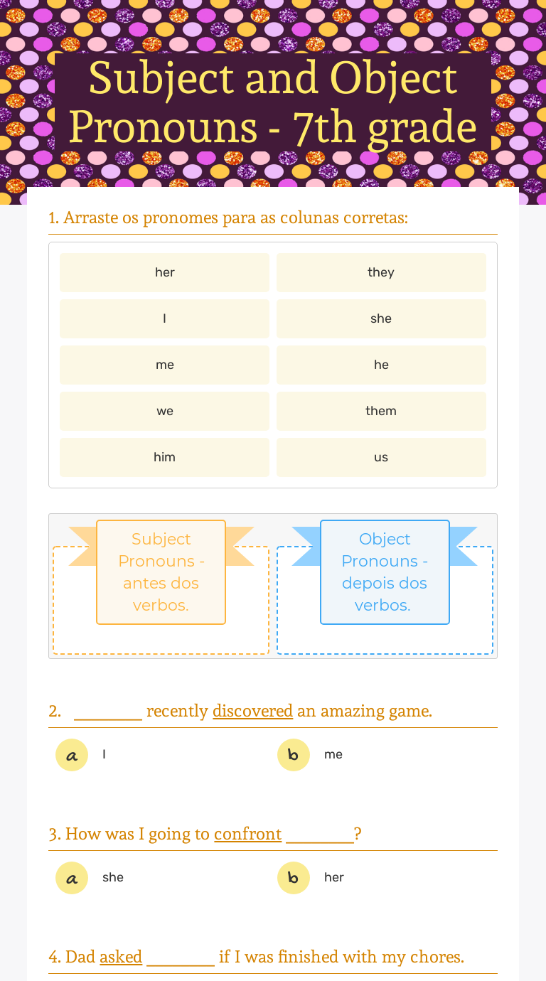 Subject and Object Pronouns - 7th grade | Interactive Worksheet by ANA ...