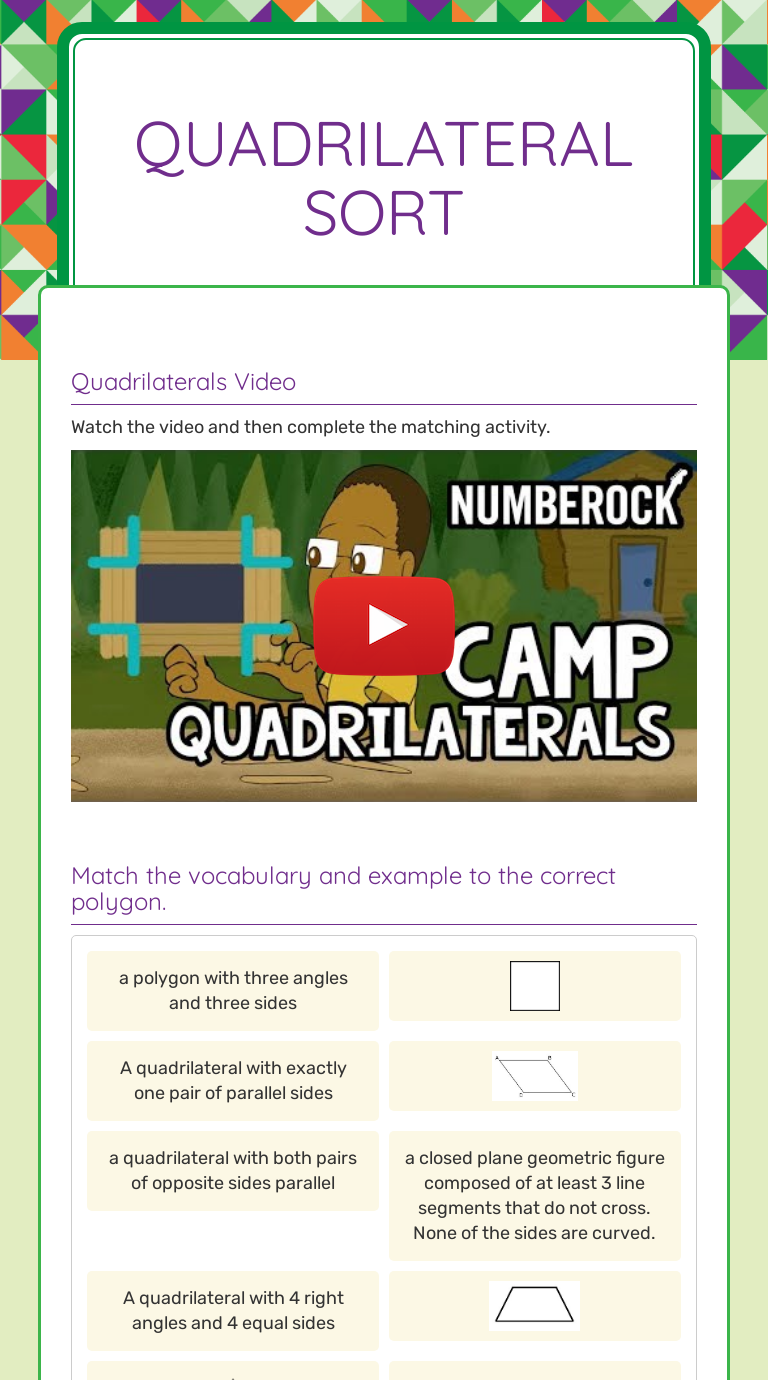 Quadrilateral sort | Interactive Worksheet by Laura Ontiveros | Wizer.me