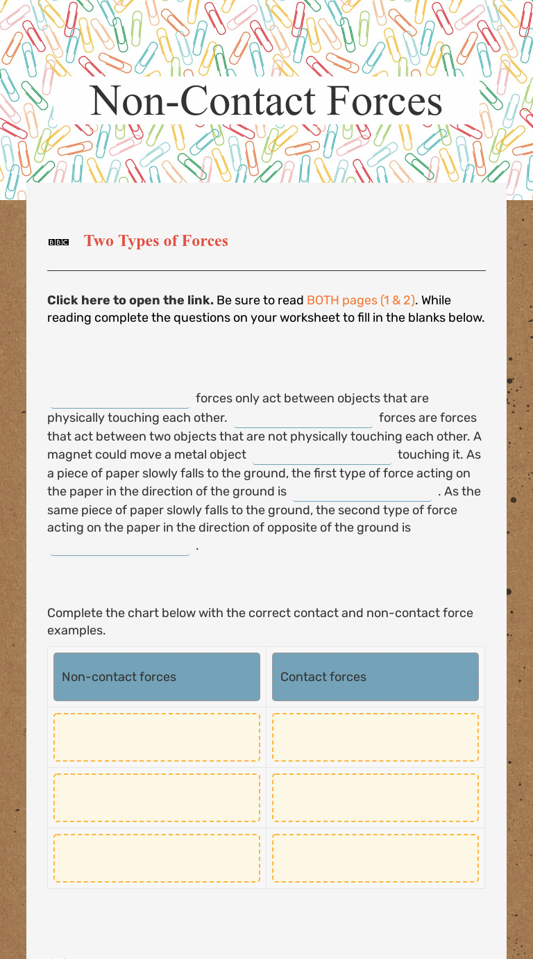 Non-Contact Forces | Interactive Worksheet by GINGER SILLERY | Wizer.me