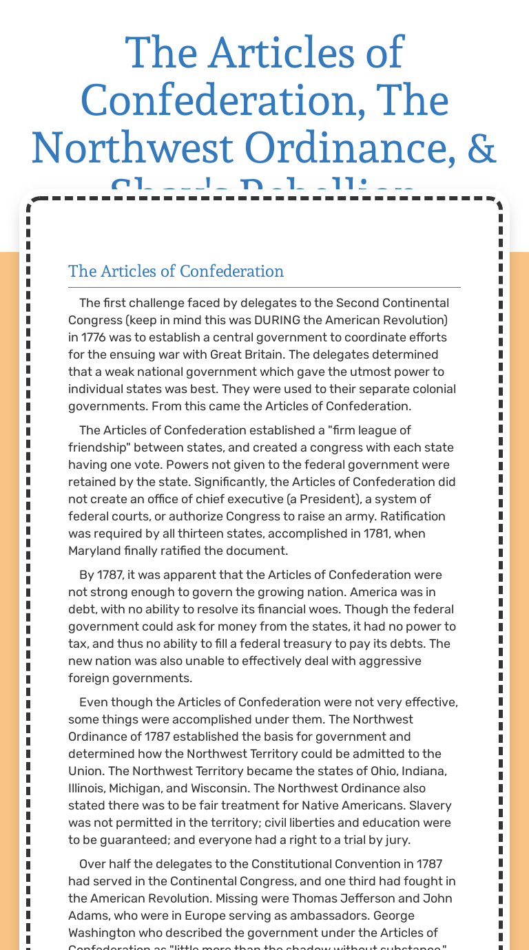 The Articles of Confederation, The Northwest Ordinance, & Shay's ...