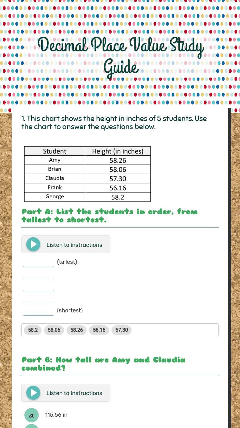 Decimal Place Value Study Guide worksheet