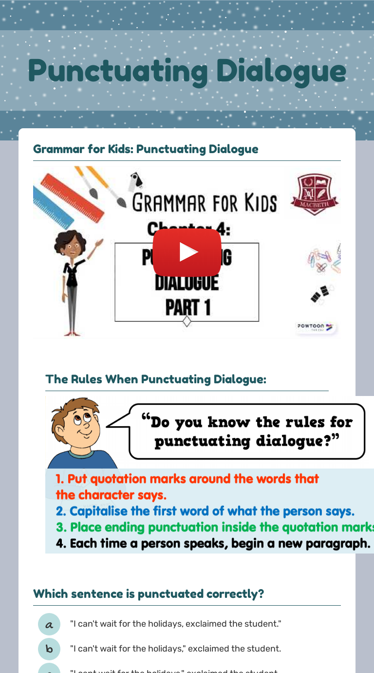 Punctuating Dialogue Interactive Worksheet By Denise Bingham Wizer me