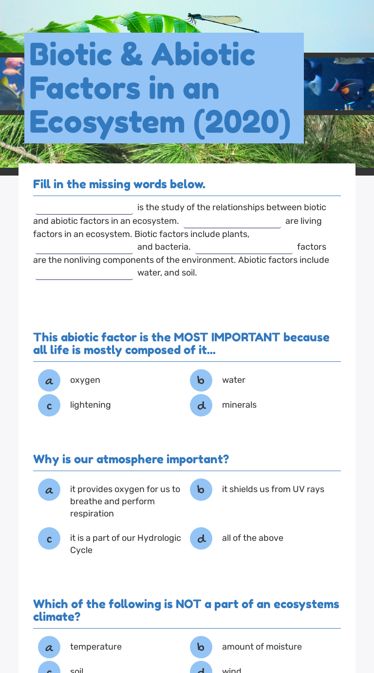 Biotic And Abiotic Worksheet