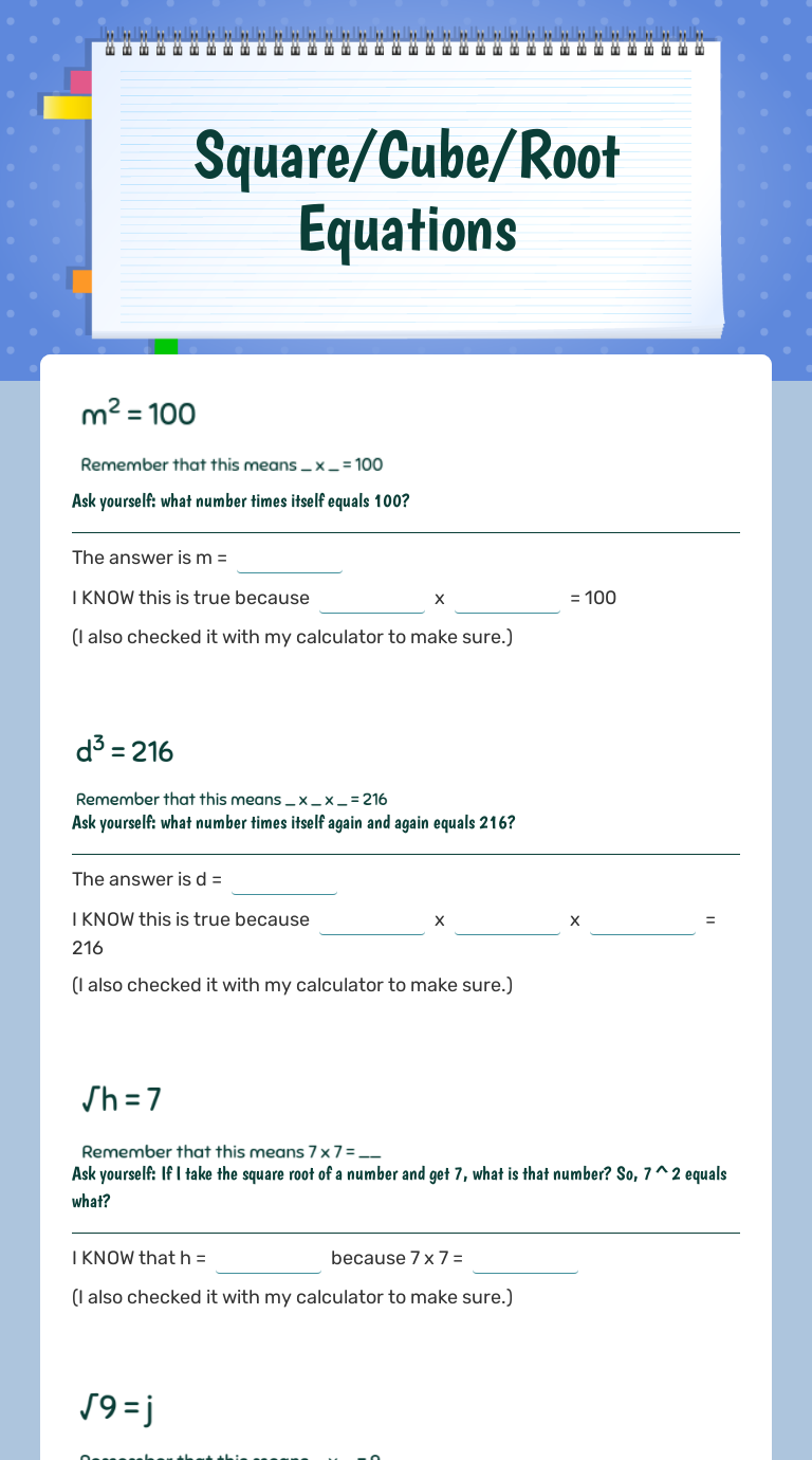 Square Cube Root Equations Interactive Worksheet By Karen Farber 