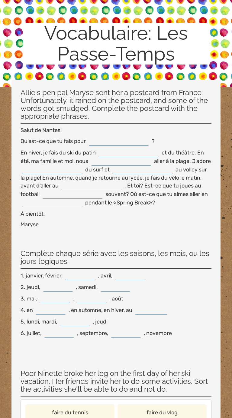 Vocabulaire: Les Passe-Temps | Interactive Worksheet by Olivia Ferrell ...