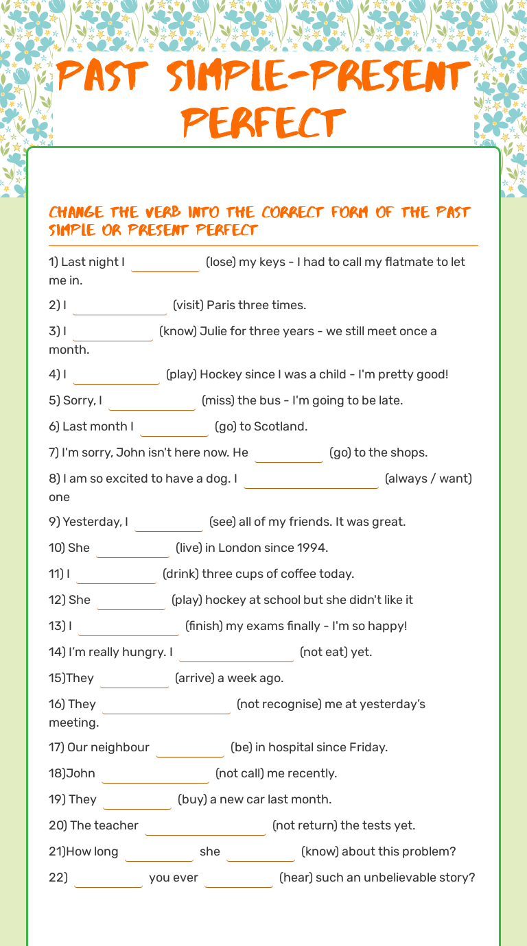 Present Perfect Vs Past Simple Interactive Worksheet By PRESENT