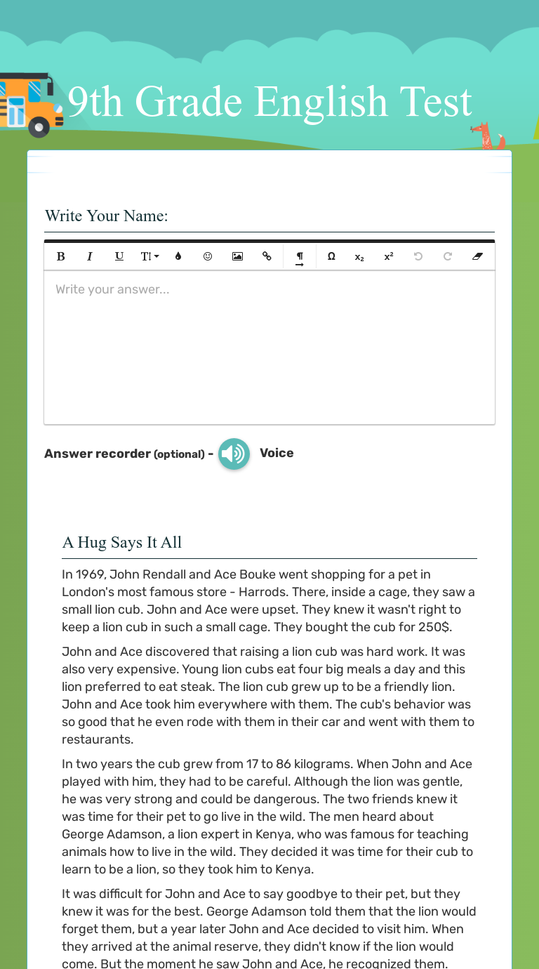 9th Grade English Test | Interactive Worksheet by Solaf Shalan | Wizer.me