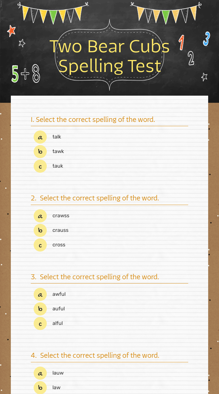 Two Bear Cubs Spelling Test | Interactive Worksheet by Crystal Thompson ...