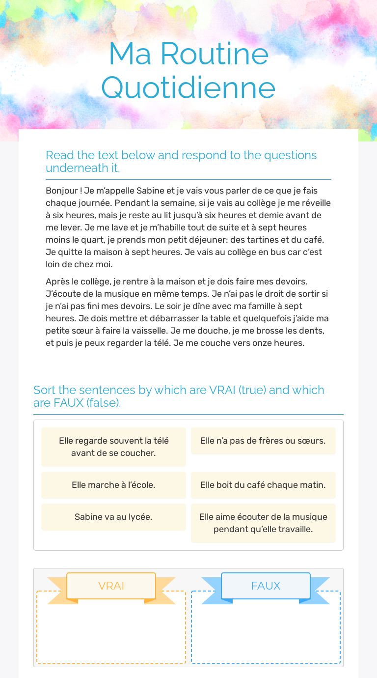 Ma Routine Quotidienne | Interactive Worksheet by Ashley Schatz | Wizer.me