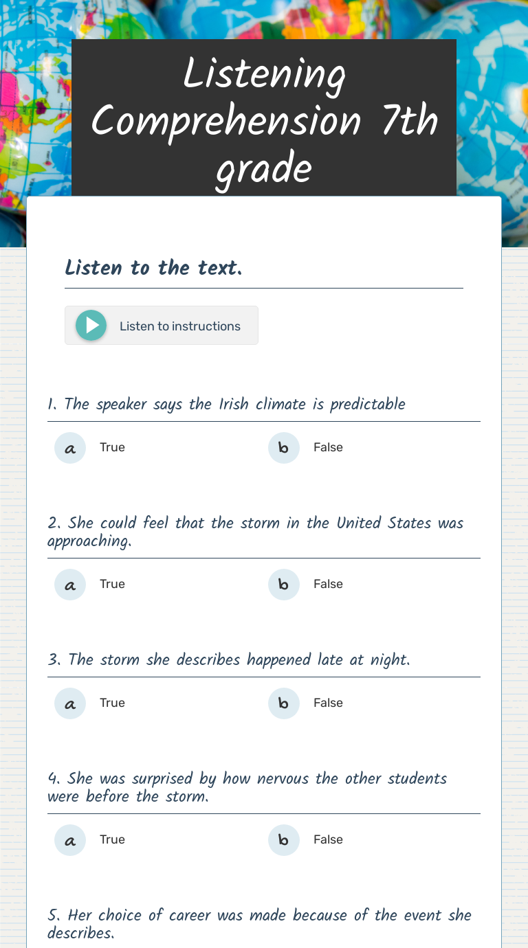 Listening Comprehension 7th grade | Interactive Worksheet by lesia ...