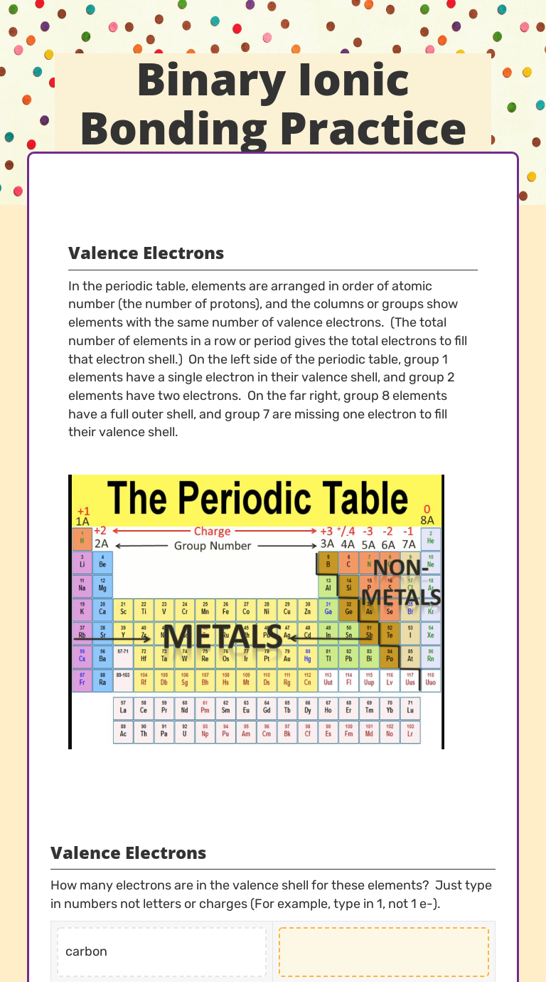 Binary Ionic Bonding Practice worksheet