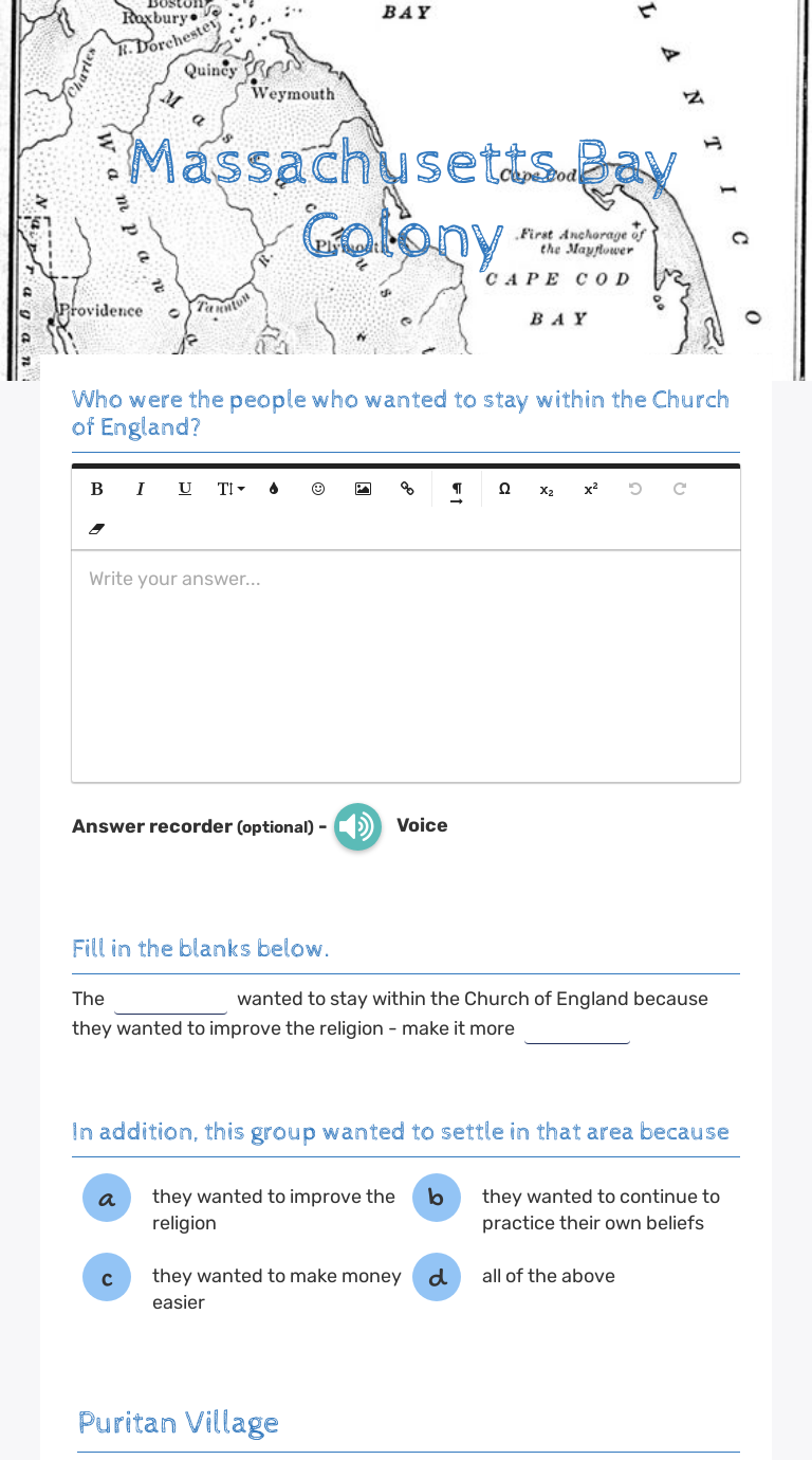 Massachusetts Bay Colony | Interactive Worksheet by SARAH LERCH | Wizer.me