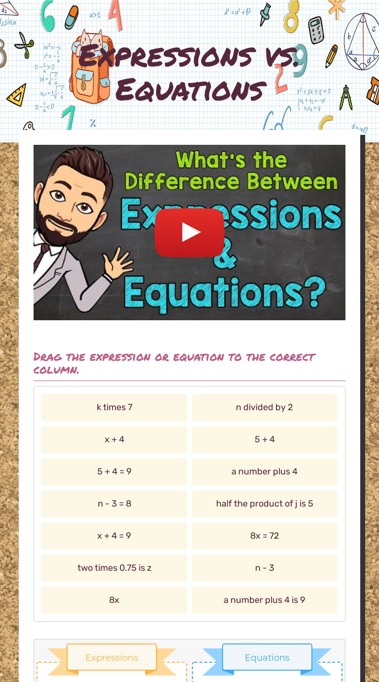 Expressions vs. Equations | Interactive Worksheet by Anna Westergard ...