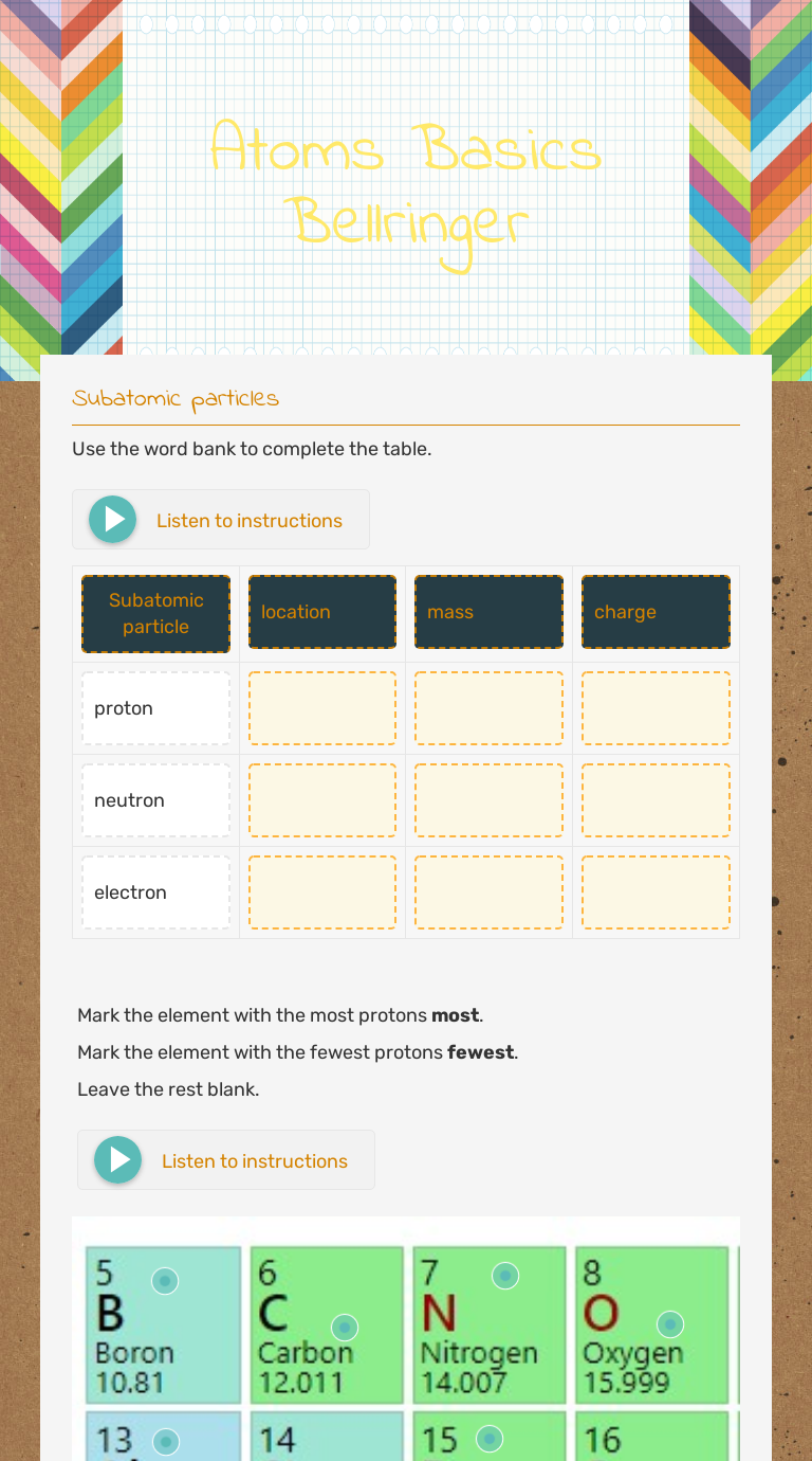 Atoms Basics Bellringer worksheet