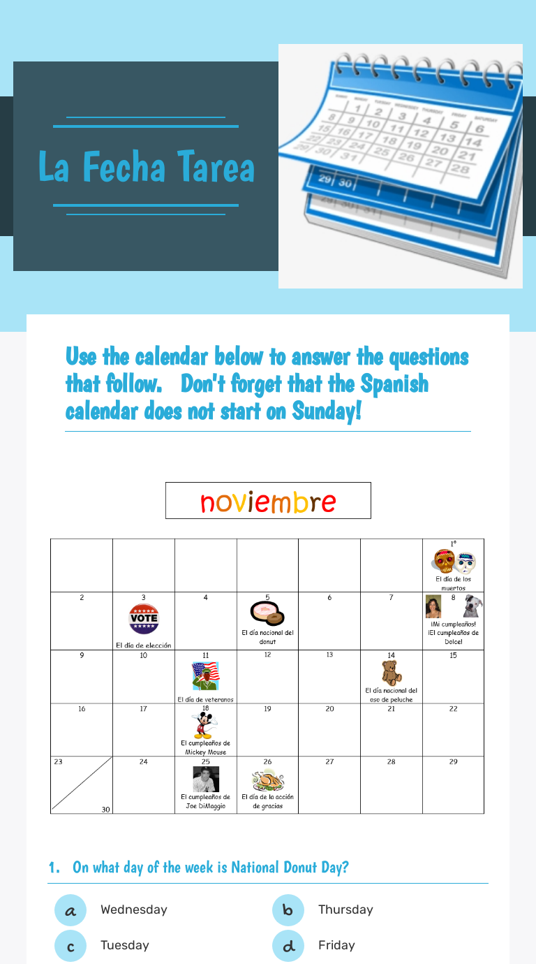 La Fecha Tarea | Interactive Worksheet by TRINITY SNIDER | Wizer.me