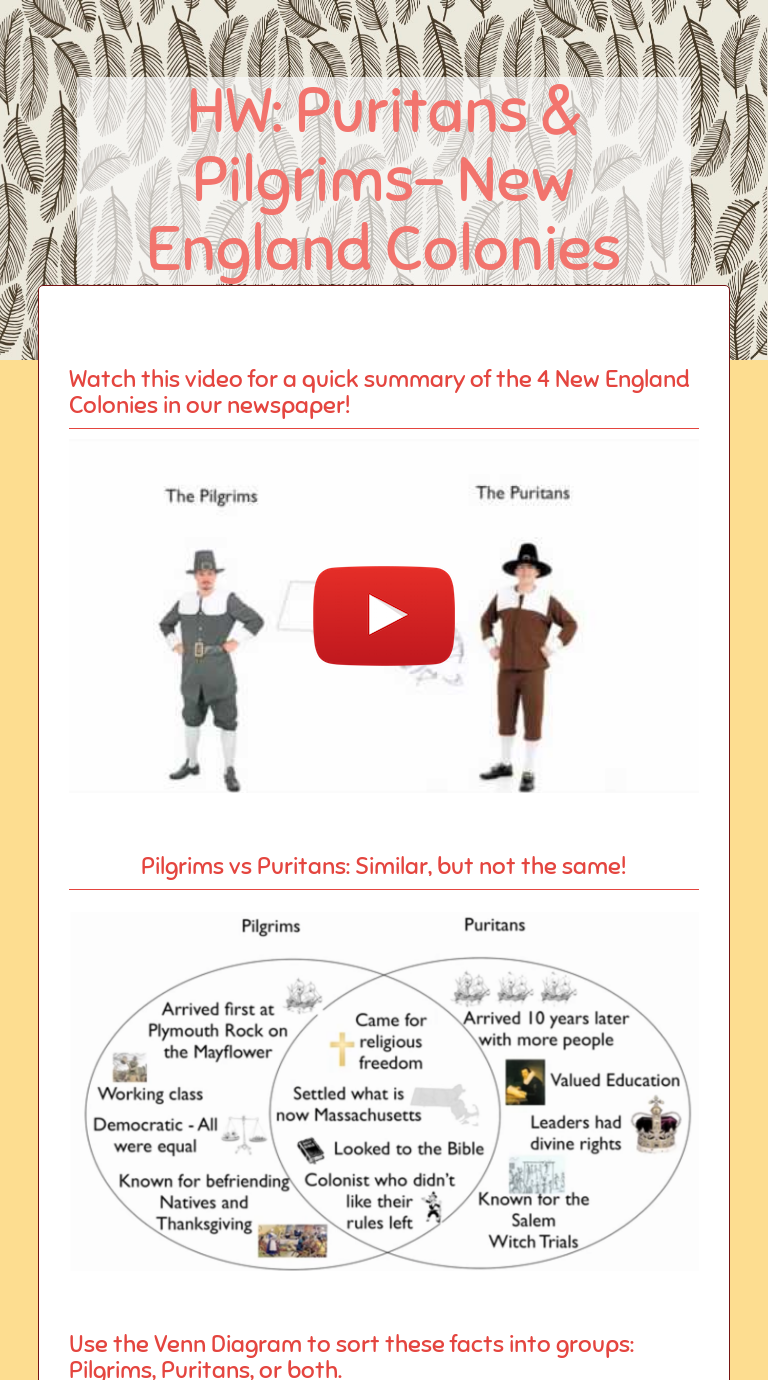HW: Puritans & Pilgrims- New England Colonies | Interactive Worksheet ...