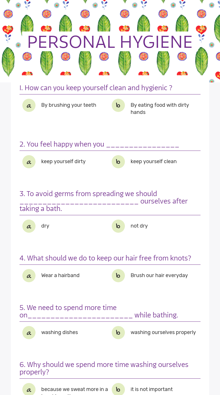 PERSONAL HYGIENE | Interactive Worksheet by Humaira Imtiaz Malik | Wizer.me