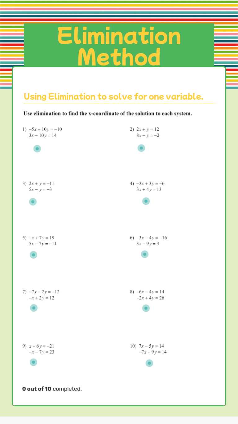 Elimination Method worksheet