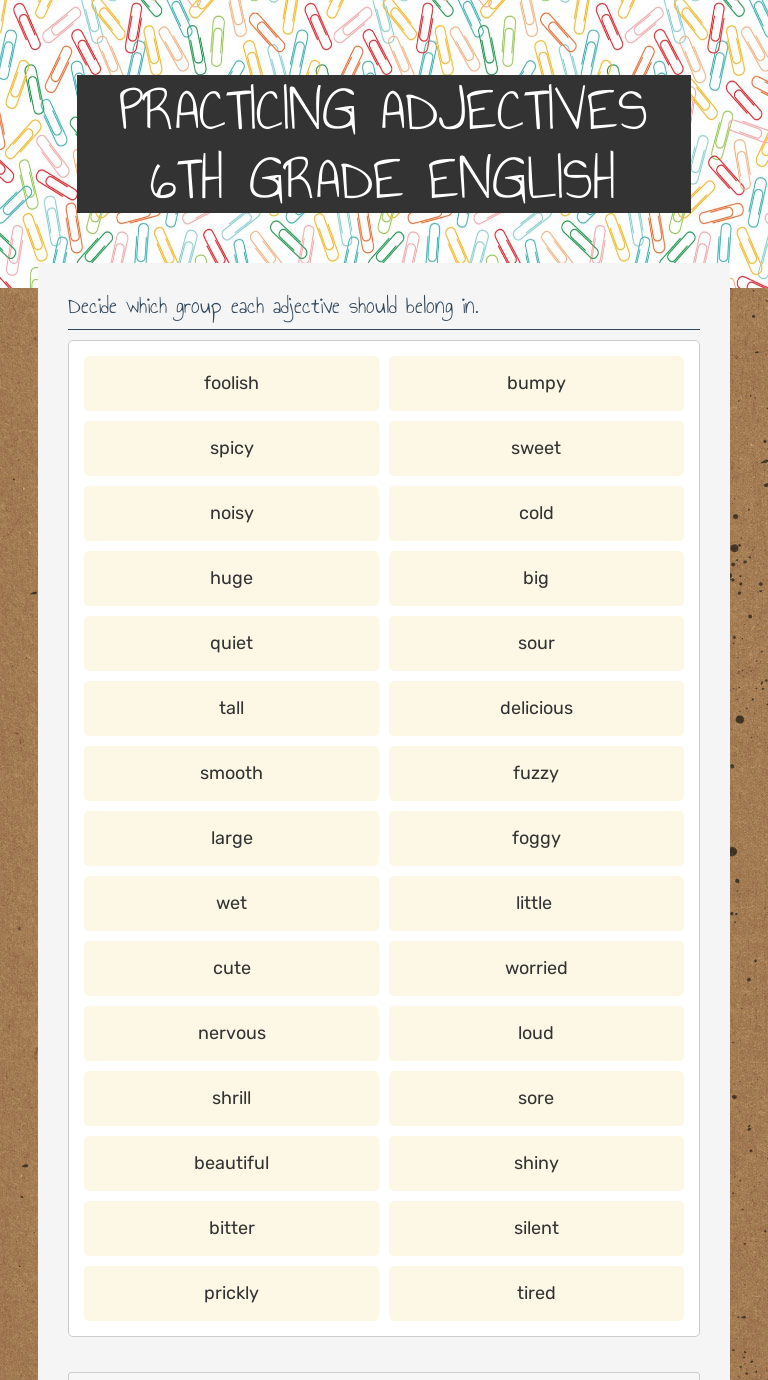 PRACTICING ADJECTIVES 6TH GRADE ENGLISH | Interactive Worksheet by ...