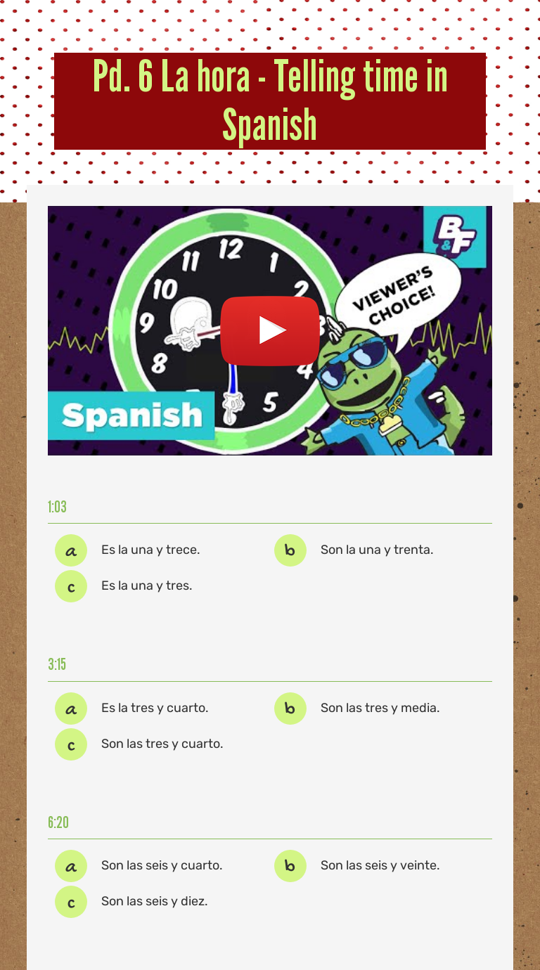 Pd 6 La Hora Telling Time In Spanish Interactive Worksheet By 