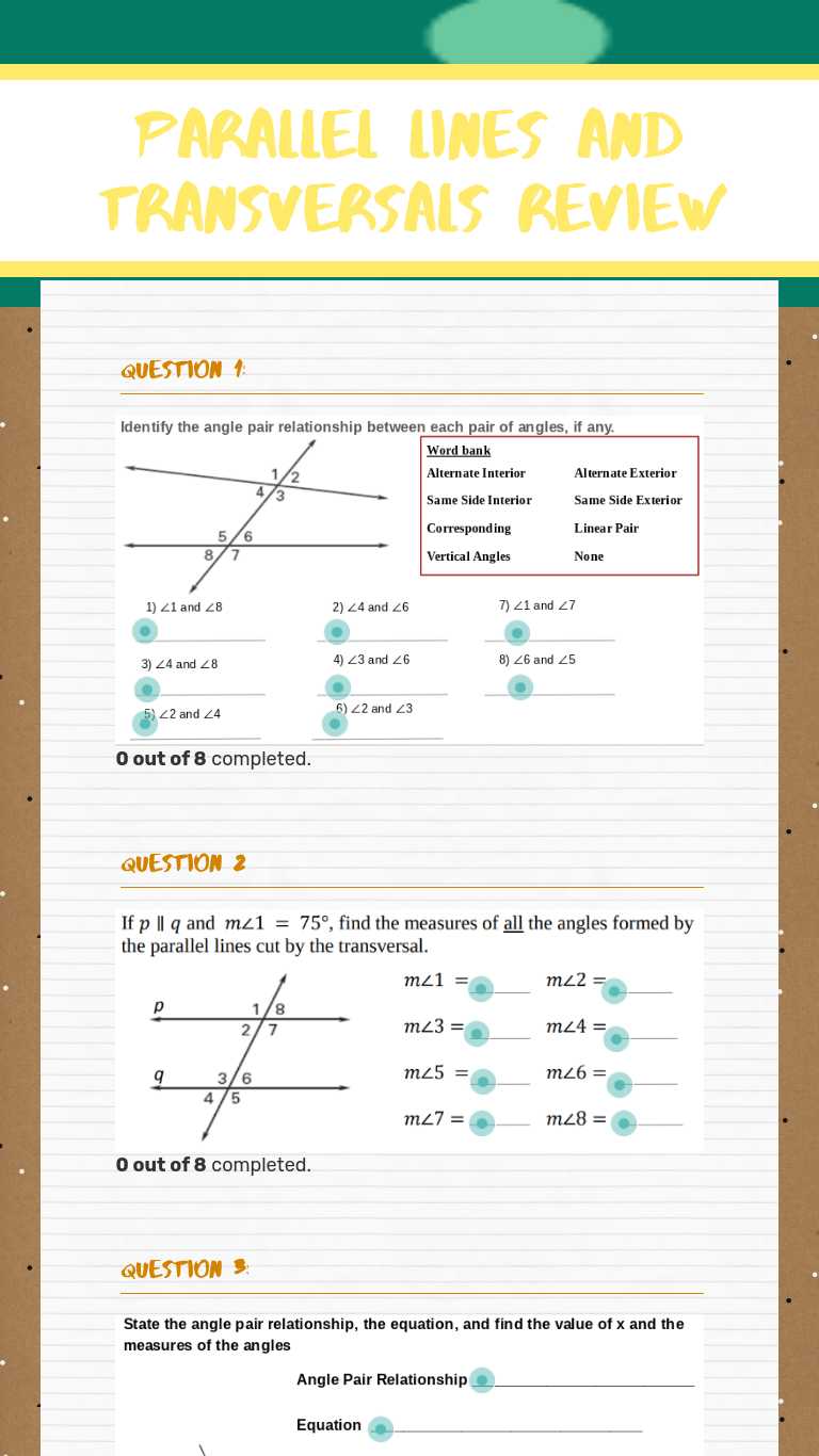 Parallel lines and transversalsReview worksheet
