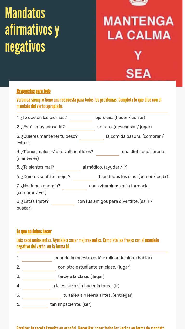Mandatos afirmativos y negativos worksheet