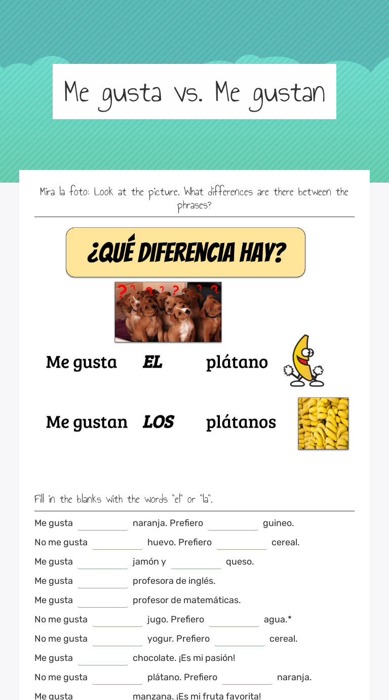 Me gusta vs. Me gustan | Interactive Worksheet by Veronica Garcia ...