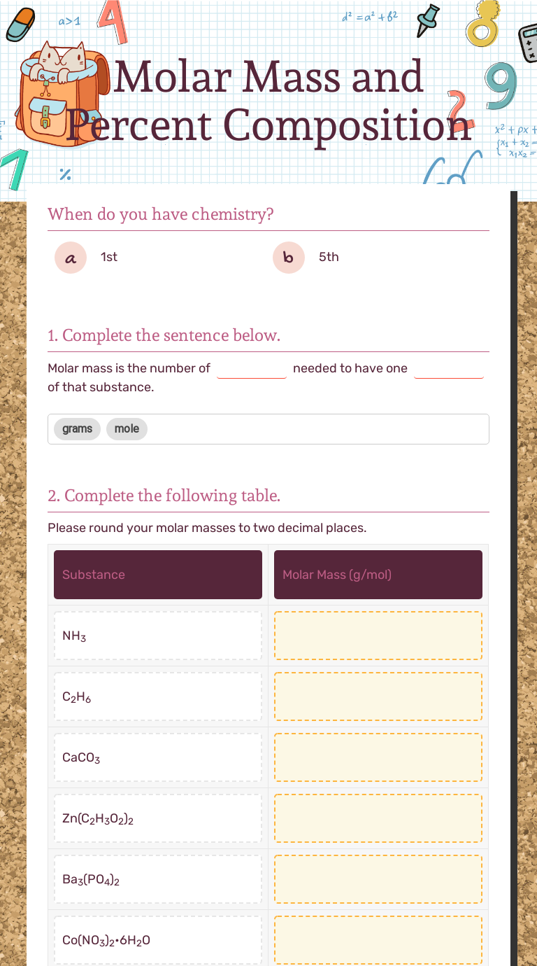 Molar Mass Worksheet Percentage