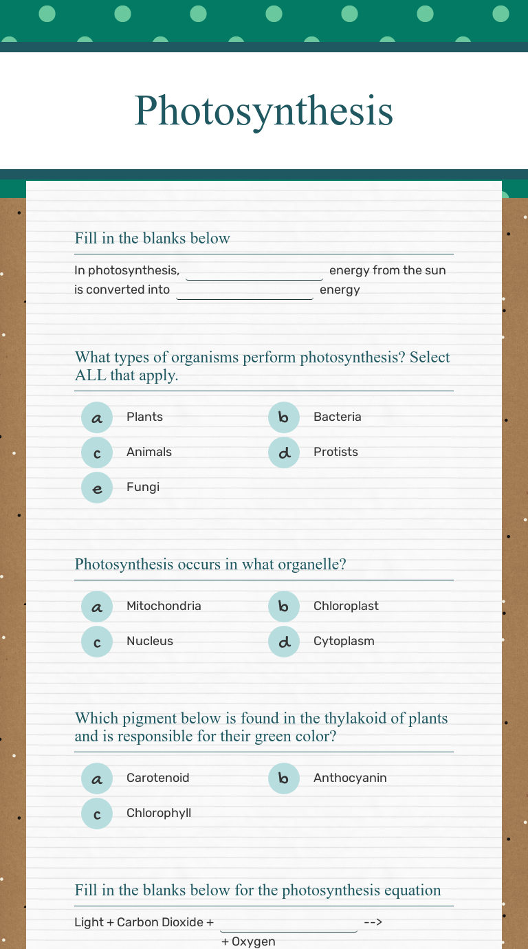 Photosynthesis | Interactive Worksheet by Martha Bullock | Wizer.me
