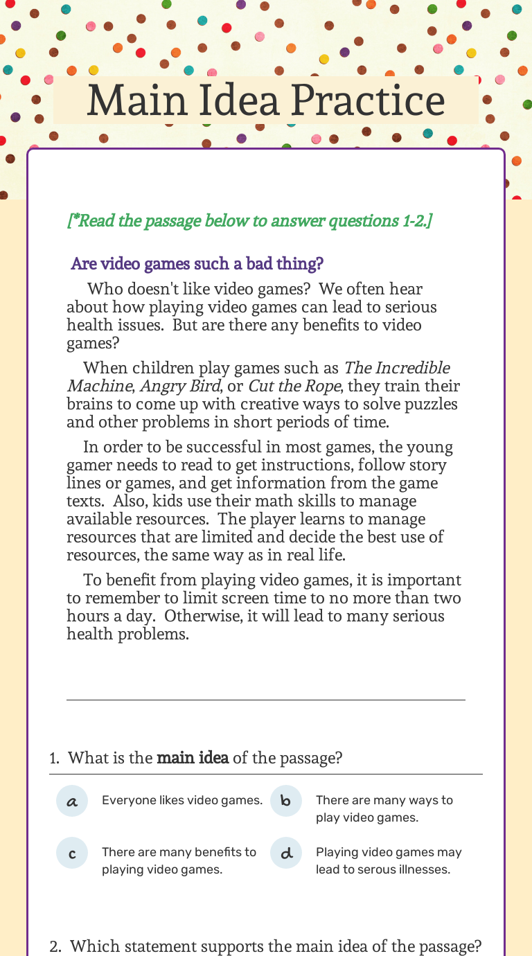 Main Idea Practice Interactive Worksheet By Christina Burleson Wizer me