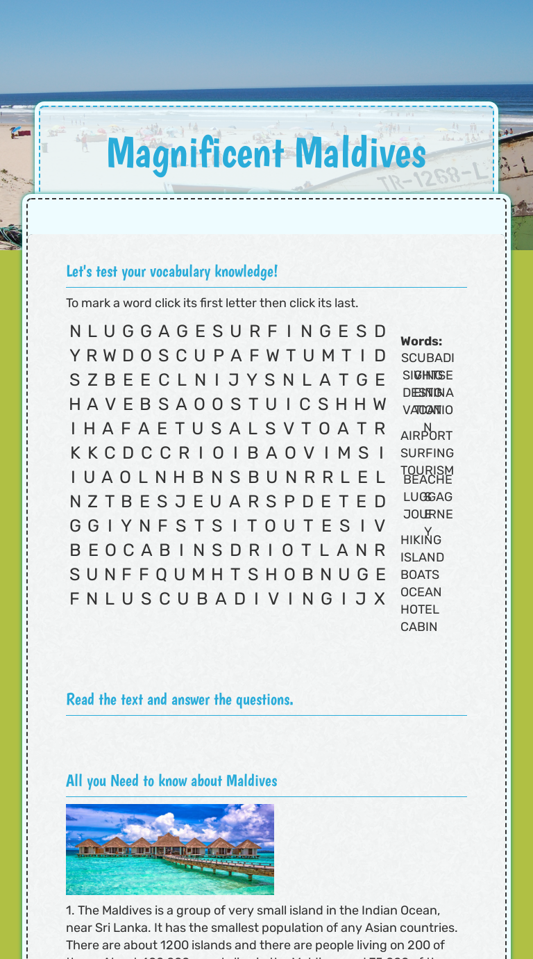 Magnificent Maldives | Interactive Worksheet by vannessa m | Wizer.me