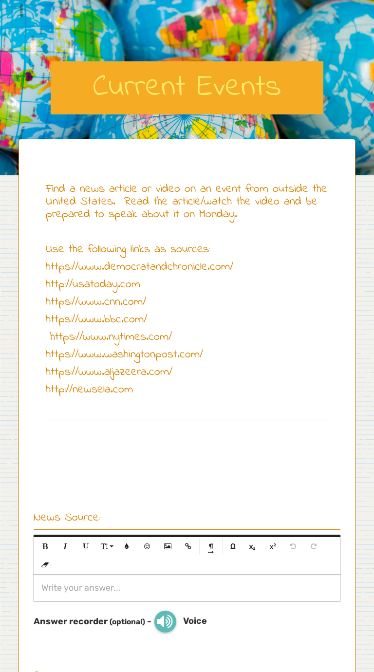 Current Events | Interactive Worksheet by Amber Dutcher | Wizer.me