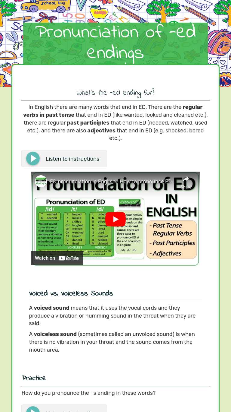 Pronunciation of -ed endings worksheet