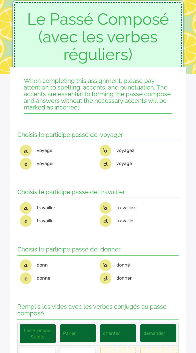 Le Passé Composé (avec les verbes réguliers) | Interactive Worksheet by ...