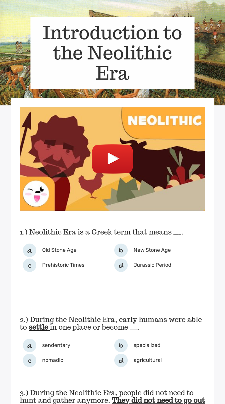 Introduction to the Neolithic Era | Interactive Worksheet by Jennifer ...