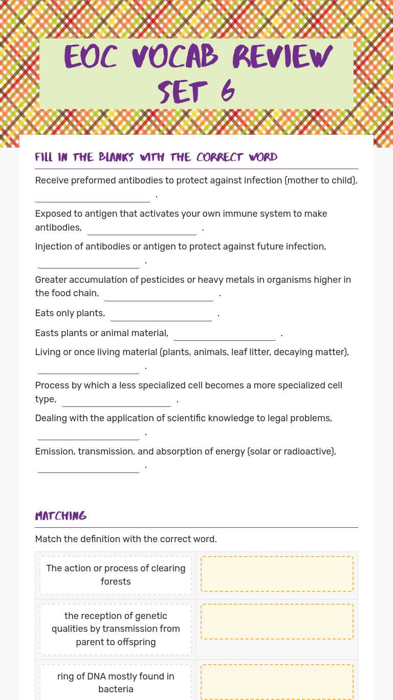 EOC Vocab Review Set 6 | Interactive Worksheet by Rebekah Shrum | Wizer.me