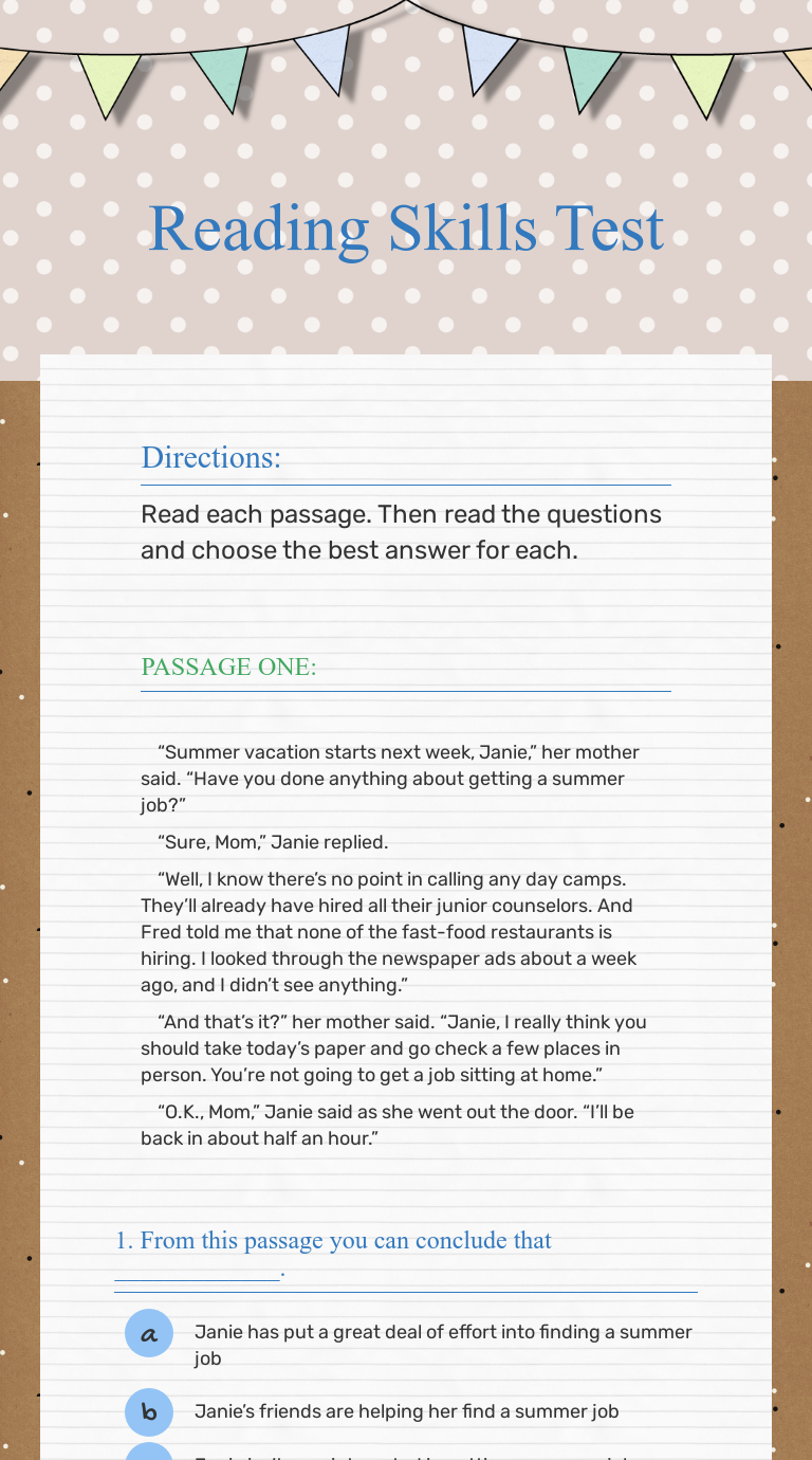Reading Skills Test Interactive Worksheet By K bra ENDO AN Wizer me