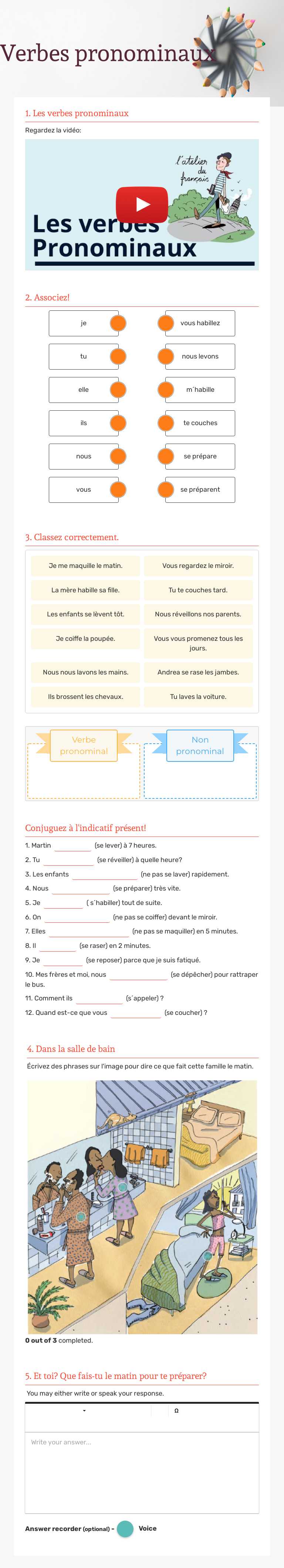 Verbes pronominaux by Nicole Johnson | Interactive Worksheet | Wizer.me