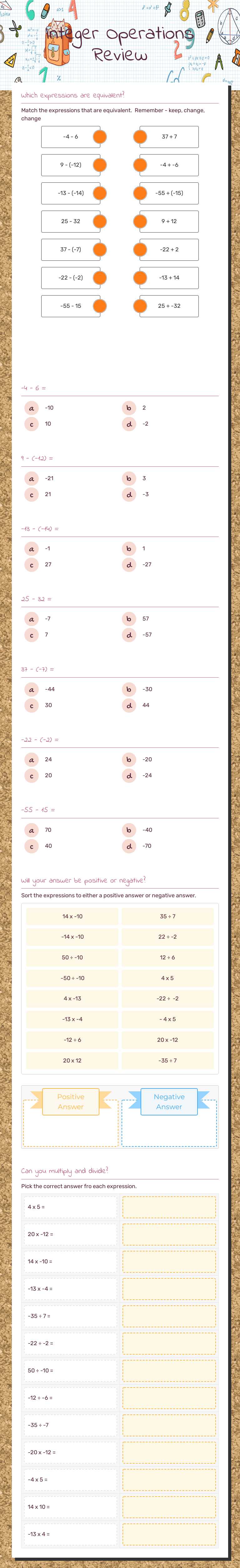 Integer Operations Review by Christine Weida | Interactive Worksheet ...