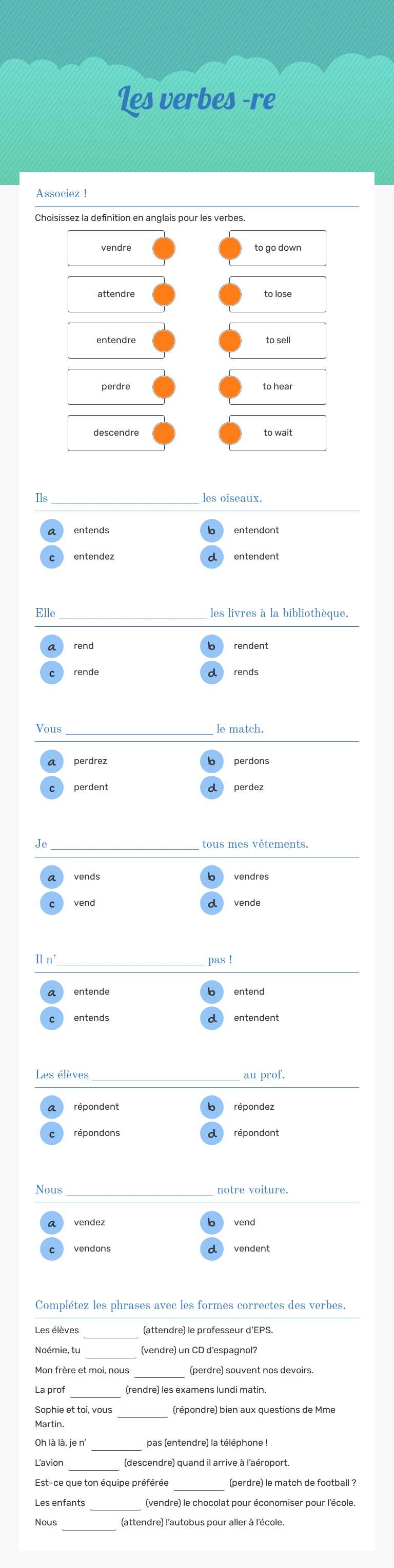 Les verbes -re by Madame Vennard | Interactive Worksheet | Wizer.me